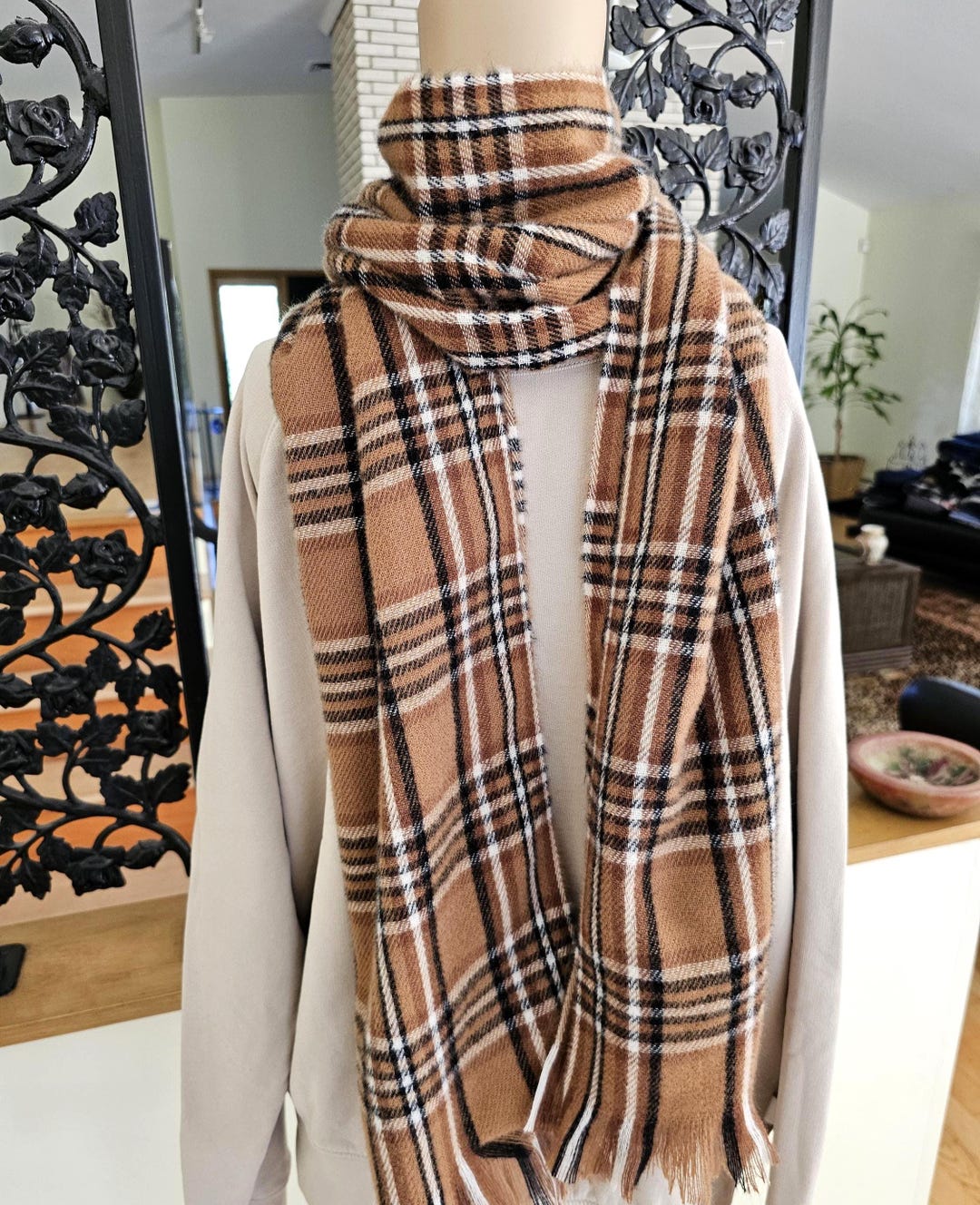 Men's Warm Scarf With Short Fringe: Soft Fashion Scarves, Classic Plaid ...