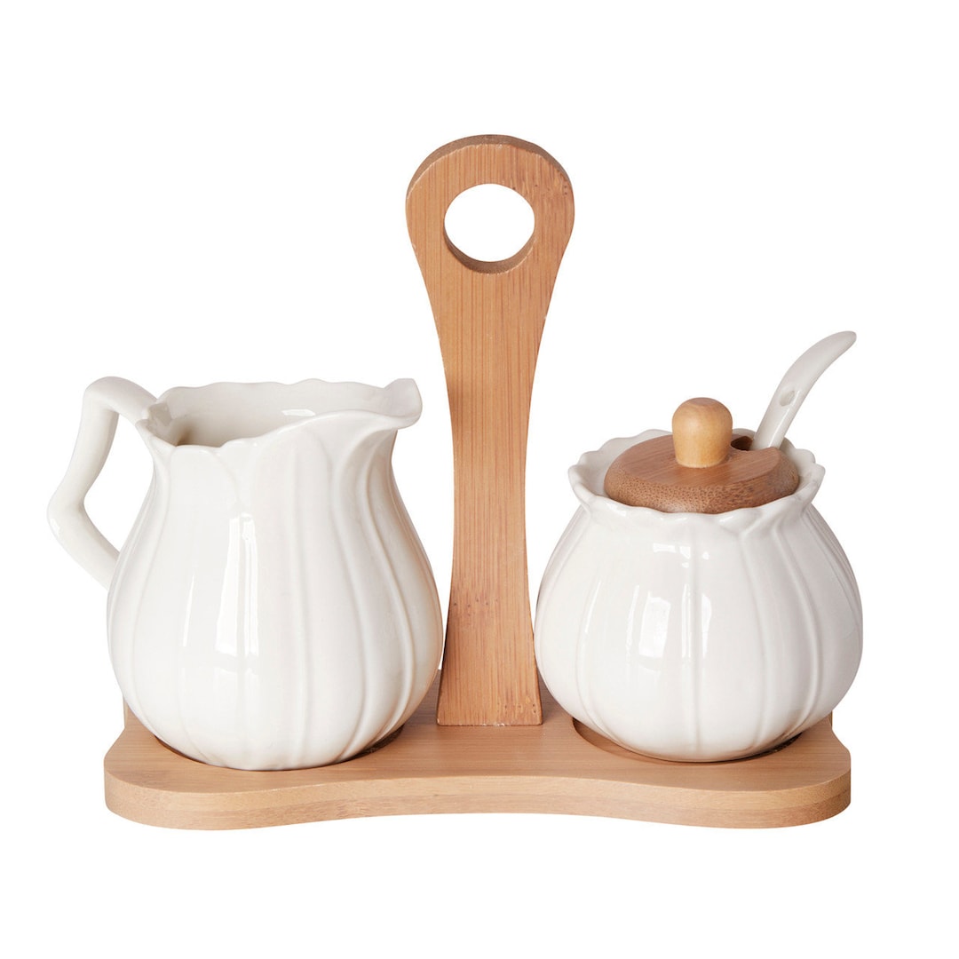White Porcelain Sugar and Creamer Set, Cream and Sugar Set on Bamboo ...