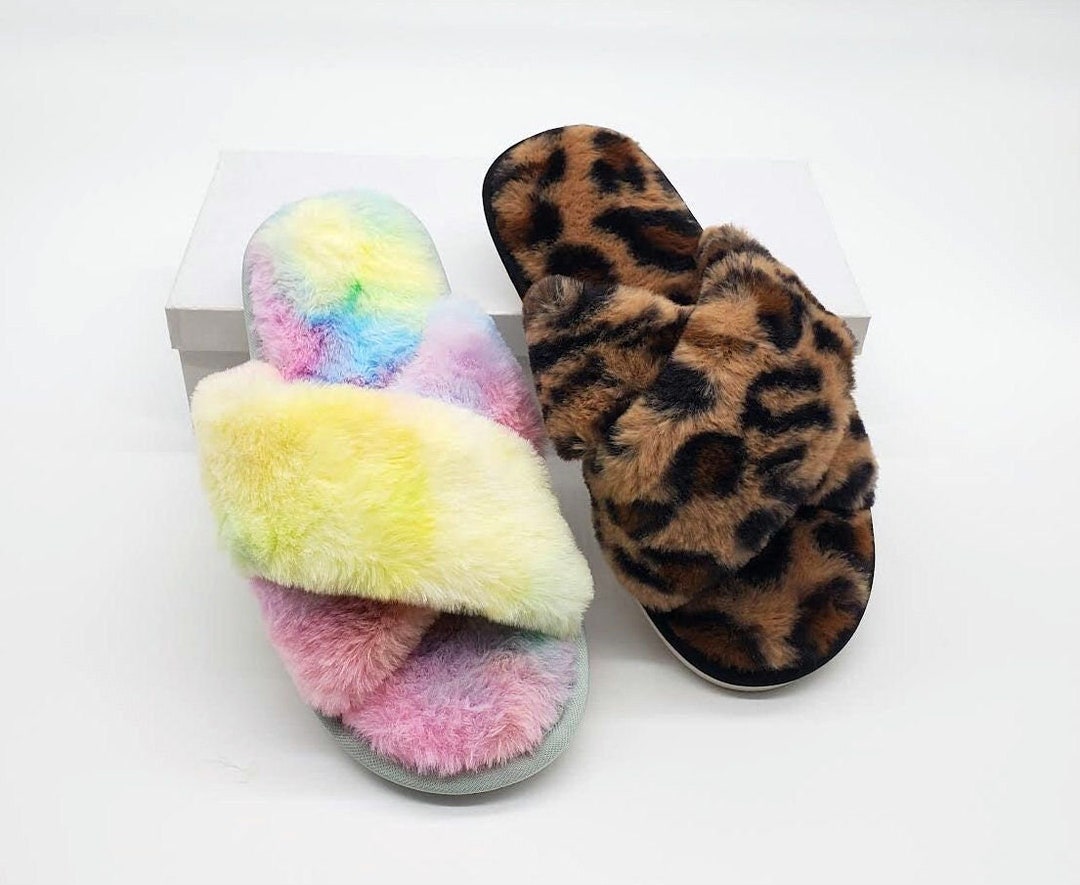 Fluffy Faux Fur Cross Band Slippers: Comfy Open Toe Hard Sole Indoor ...