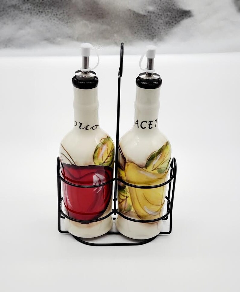 Ceramic Oil and Vinegar Cruet Set With Caddy Dispenser for - Etsy