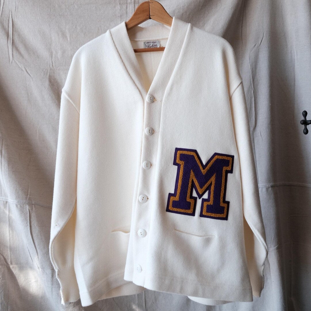 Vintage 1950s Dehen Letterman Cardigan Sweater Cream Wool Size L ...