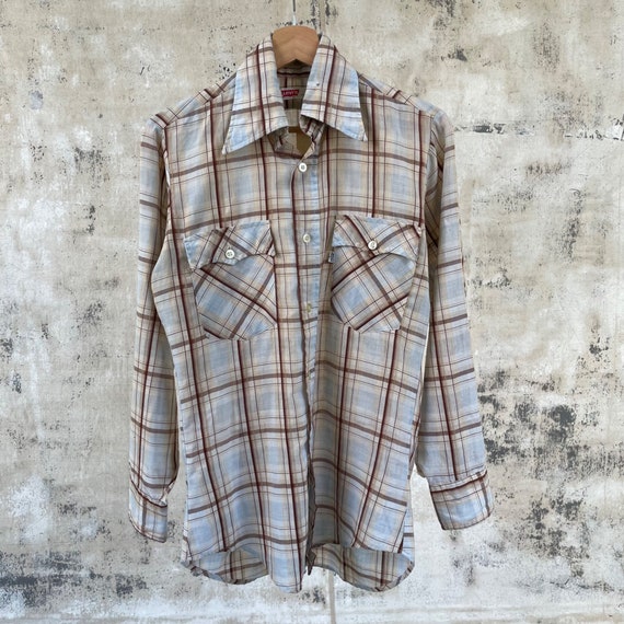 Vintage 70s Levi's Western Plaid Shirt Size Small Bro… - Gem