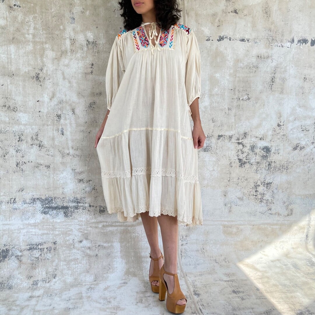 Vintage 70s Barefoot Eagle Embroidered Cotton Gauze Dress - Etsy