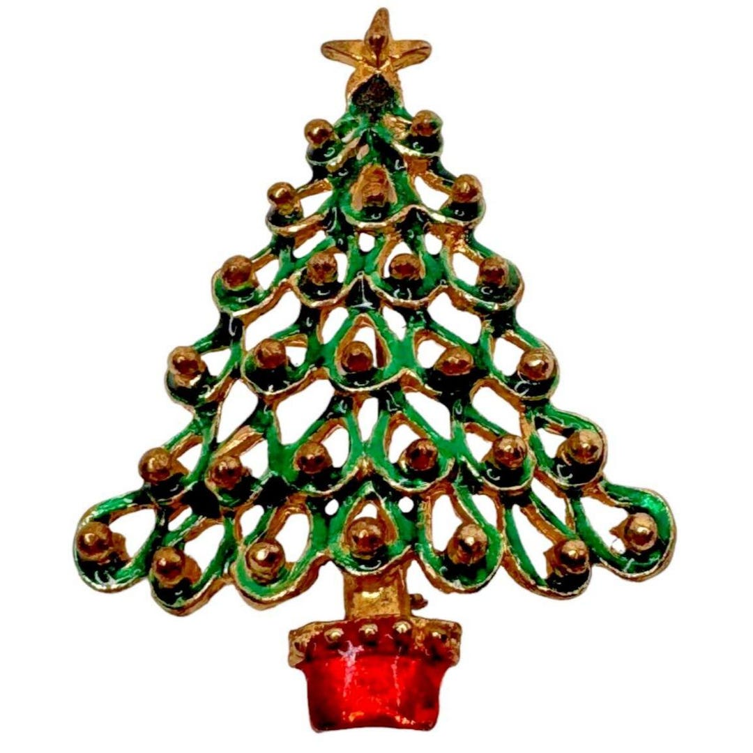 Christmas Tree Brooch Pin Vintage Jewelry Green Star Top Textured 2.5 ...