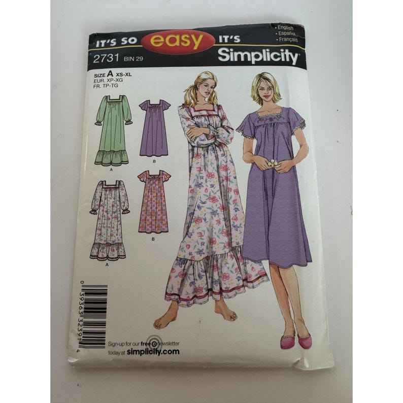 Simplicity Sewing Pattern 2731 Pajamas Nightgown Muumuu XS-XL 6-24 ...