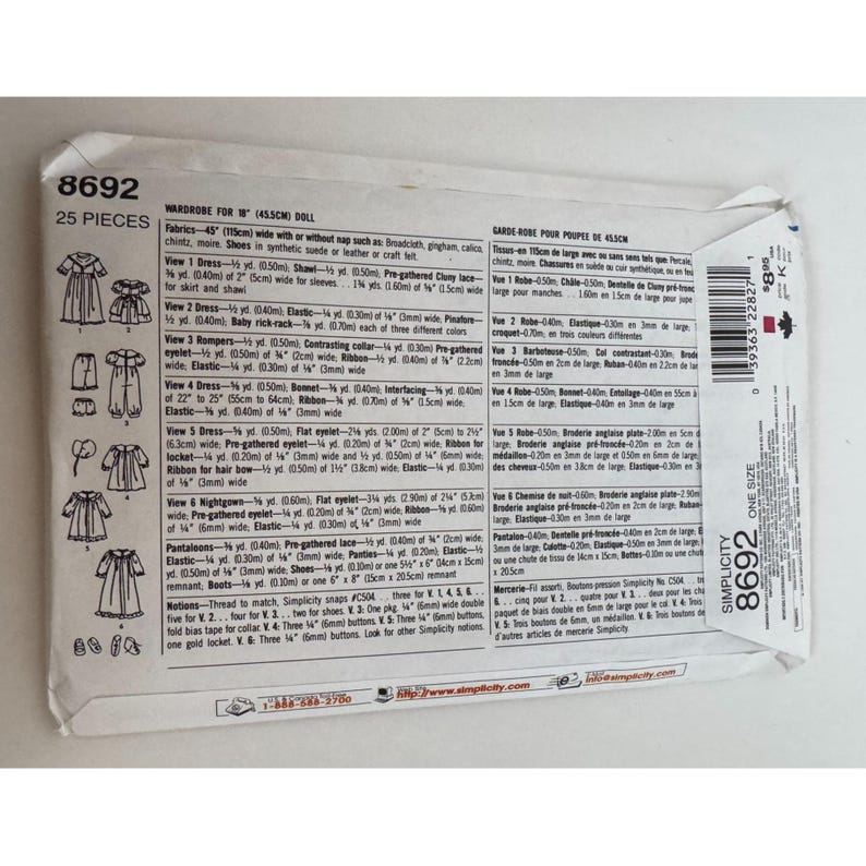 Simplicity Crafts Sewing Pattern 8692 for 18 Inch Doll Clothing Clothes ...