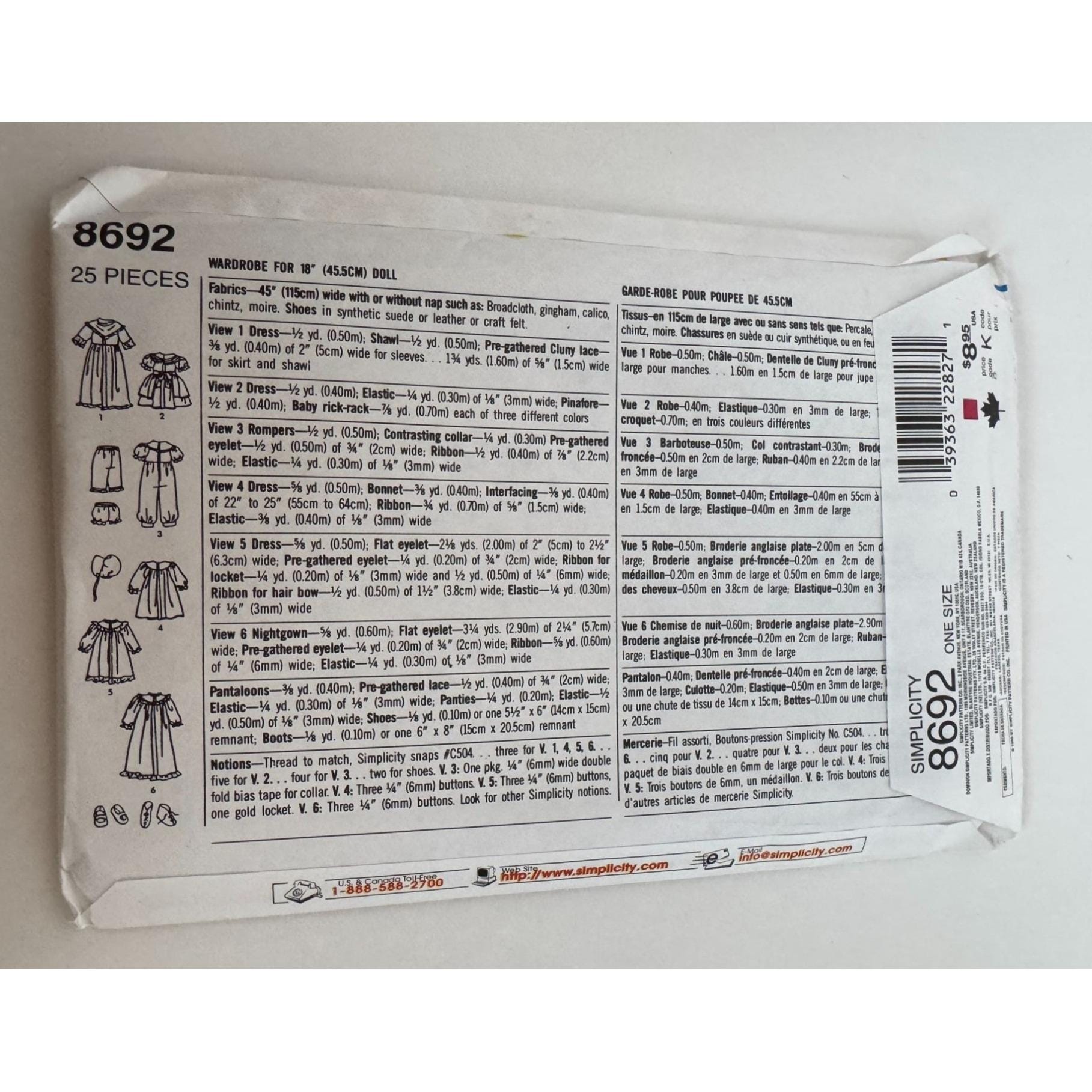 Simplicity Crafts Sewing Pattern 8692 for 18 Inch Doll Clothing Clothes ...