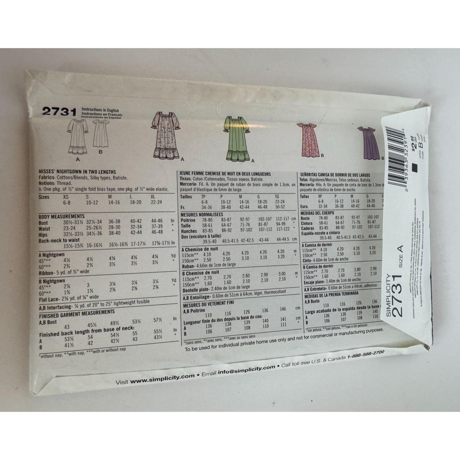 Simplicity Sewing Pattern 2731 Pajamas Nightgown Muumuu XS-XL 6-24 ...