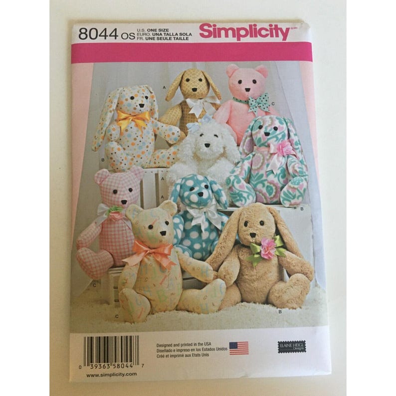 Simplicity Sewing Pattern 8044 Stuffed Animals Teddy Bear Dog Rabbit 14" Uncut - Etsy