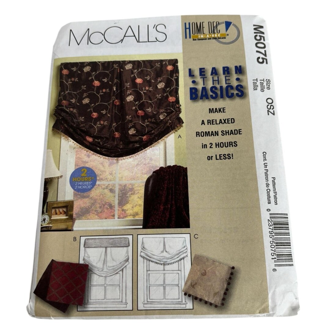 Mccalls Sewing Pattern M5075 Home Dec in a Sec Roman Shade Curtains 2 ...