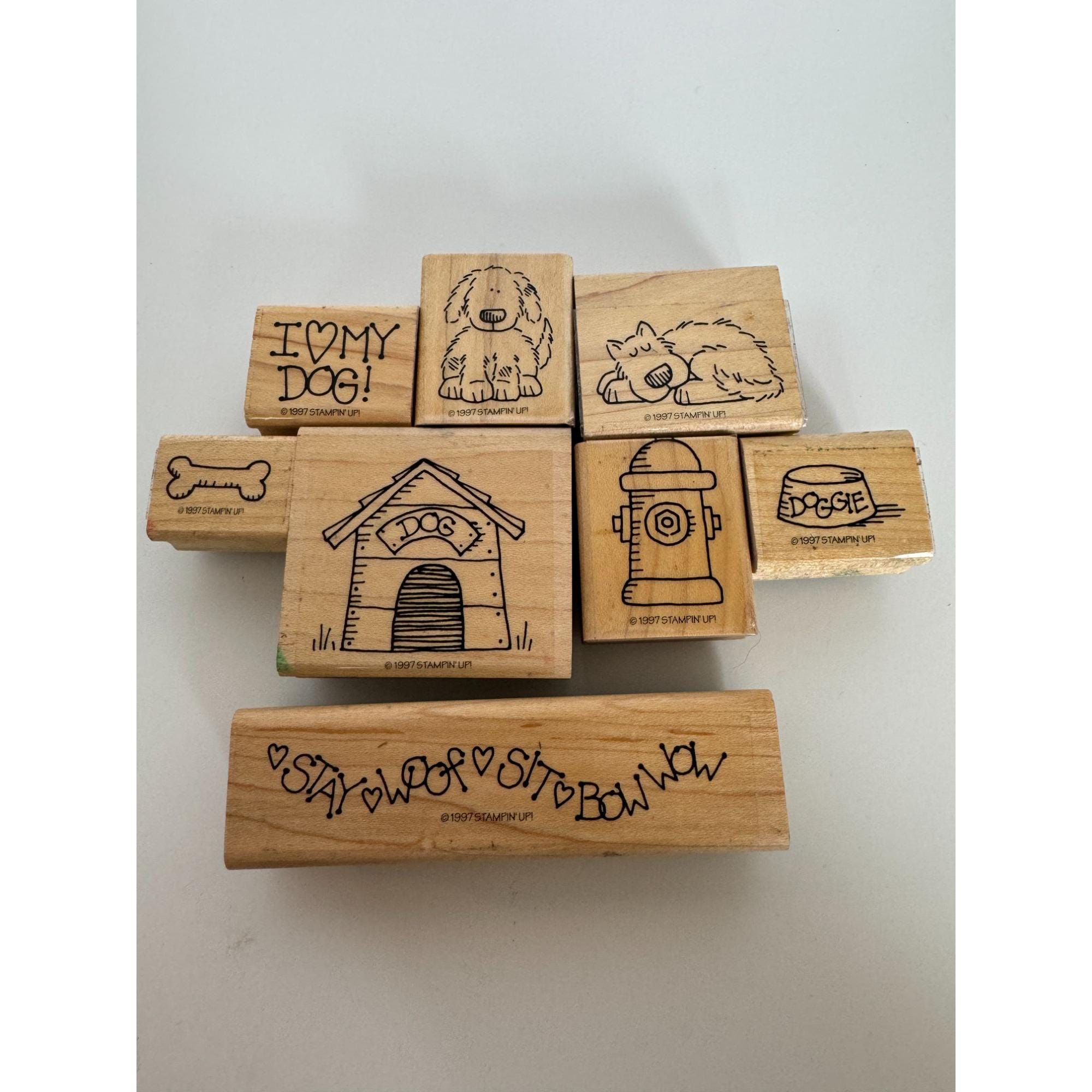 Stampin up Bow Wow Stamp Set Dog House Fire Hydrant Bone Sleeping Puppy ...