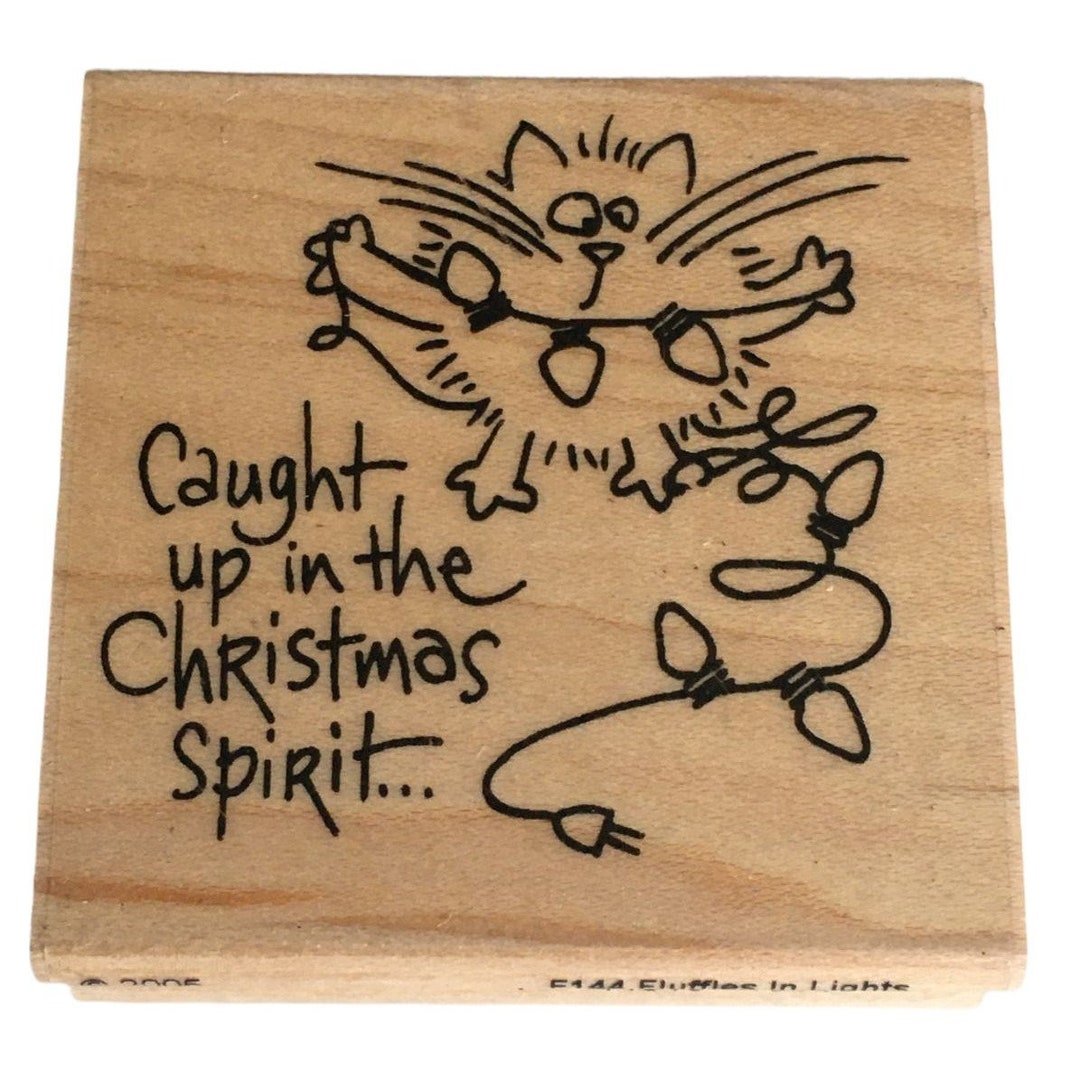 Stampendous Rubber Stamp Fluffles in Lights Cat Caught in Christmas ...