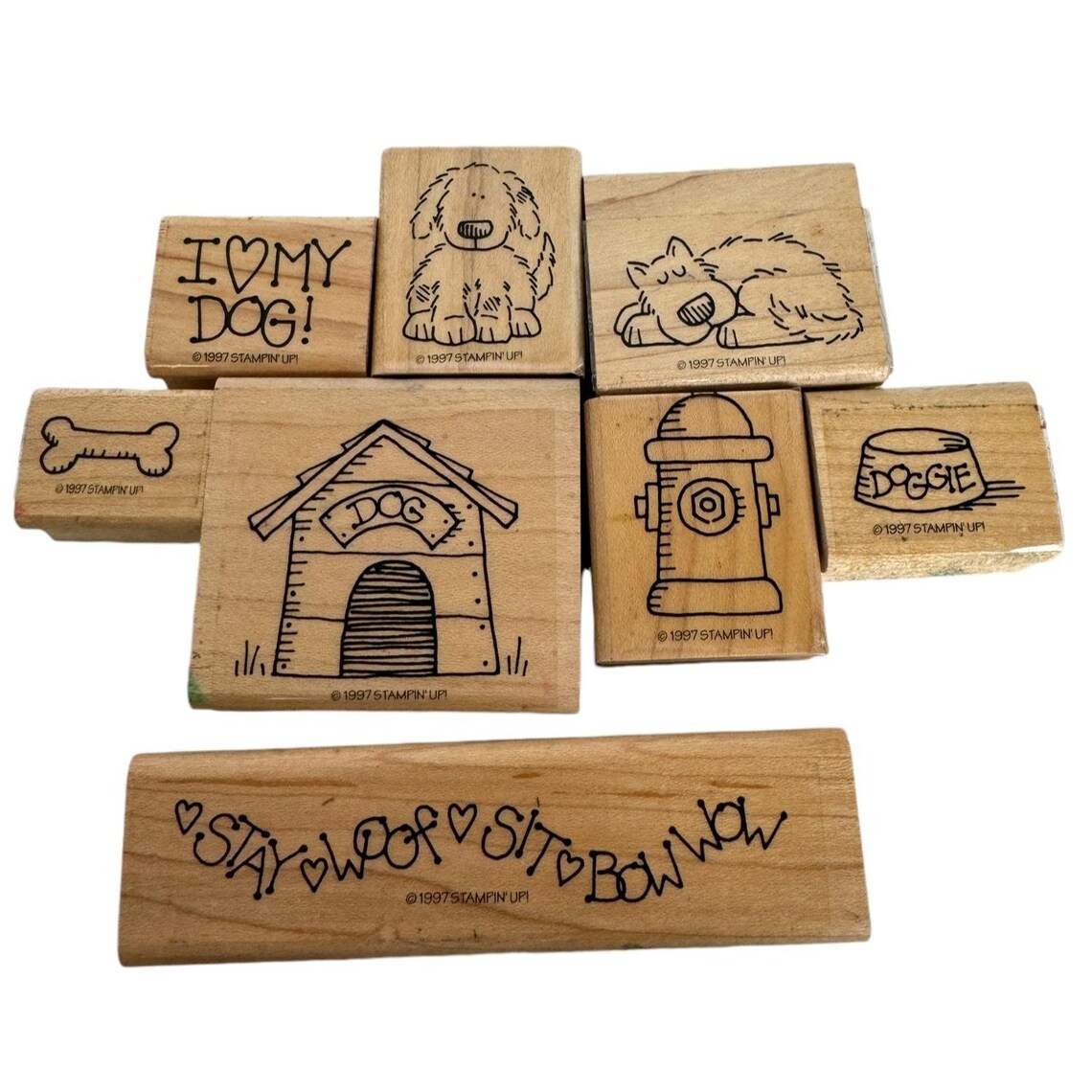 Stampin up Bow Wow Stamp Set Dog House Fire Hydrant Bone Sleeping Puppy ...