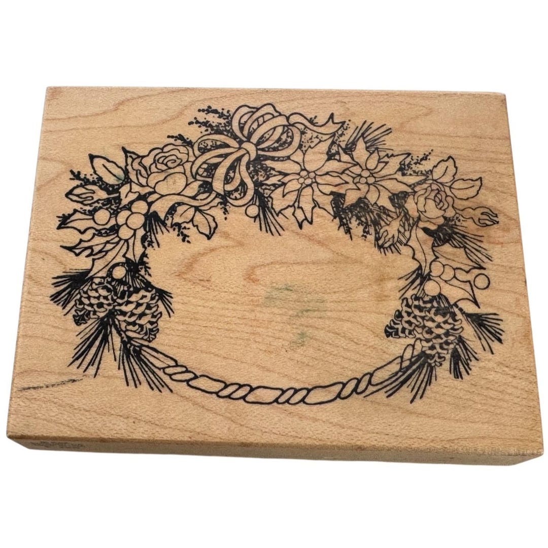 PSX Rubber Stamp Christmas Wreath Oval Pinecones Poinsettia Holidays ...