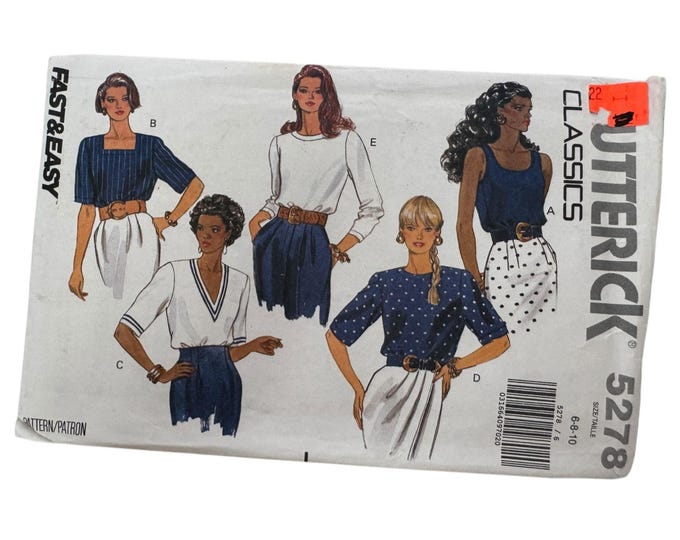 Butterick Sewing Pattern 5278 Tops Shirts Neckline Variations 6 8 10 ...