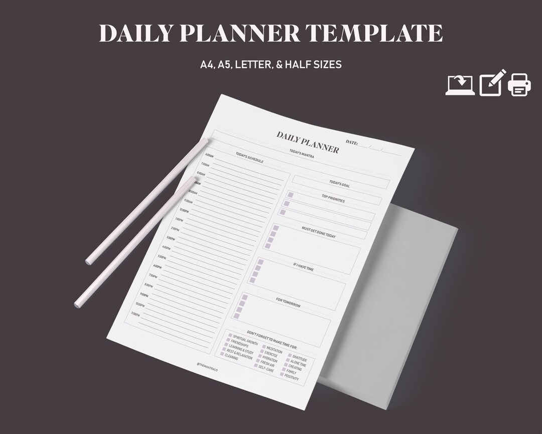 Simple Daily Planner Printable, Fillable PDF, Goal Setting, Hourly ...