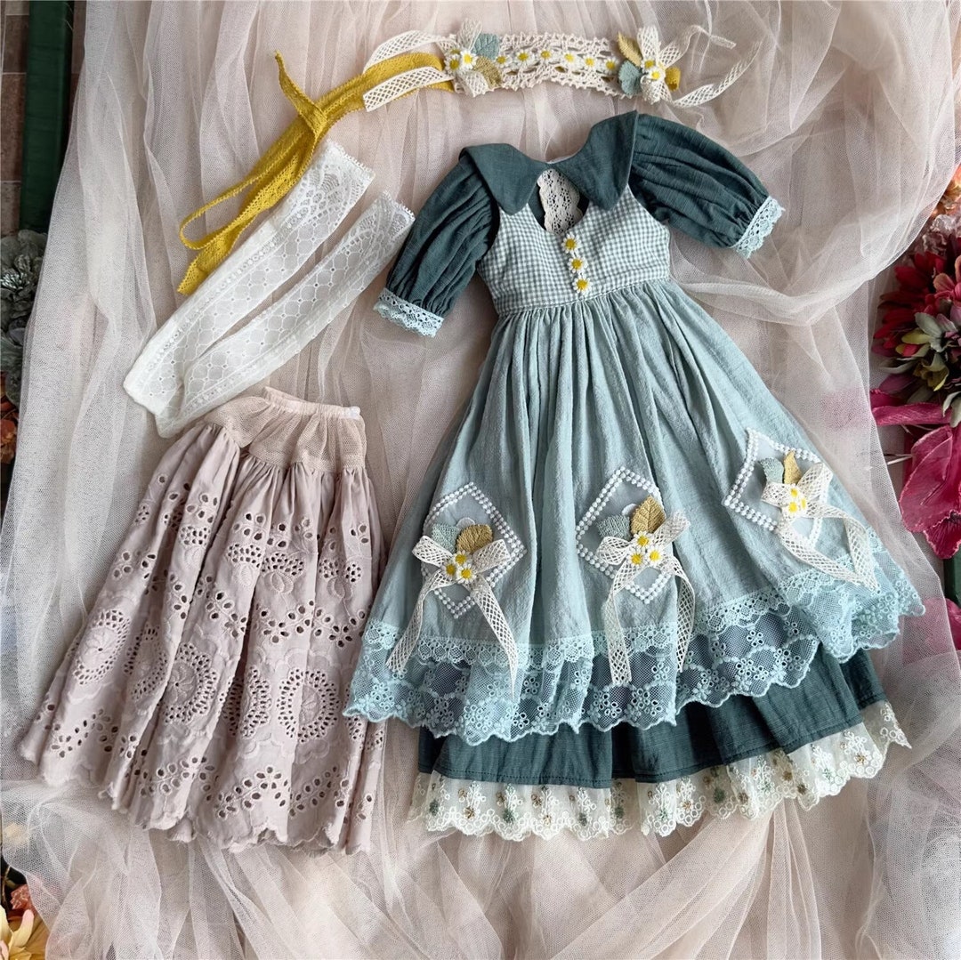 Green BJD Doll Clothes Outfit Kumako Sd Msd Dress Headdress Apron Socks ...