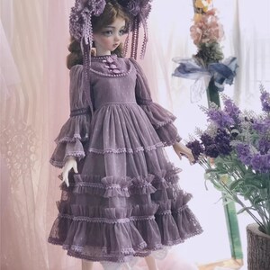 Gray Purple BJD Doll Clothes outfit kumako sd msd Dress Bonnet Bustle ...