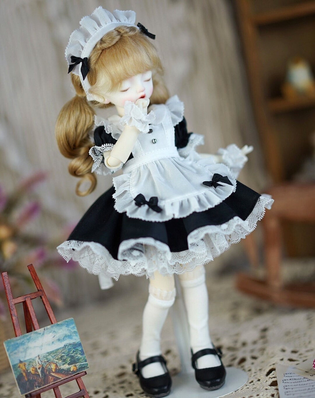 BJD Clothes Yosd Maid Dress Apron Headdress Socks Bustle Set for 1/6 ...