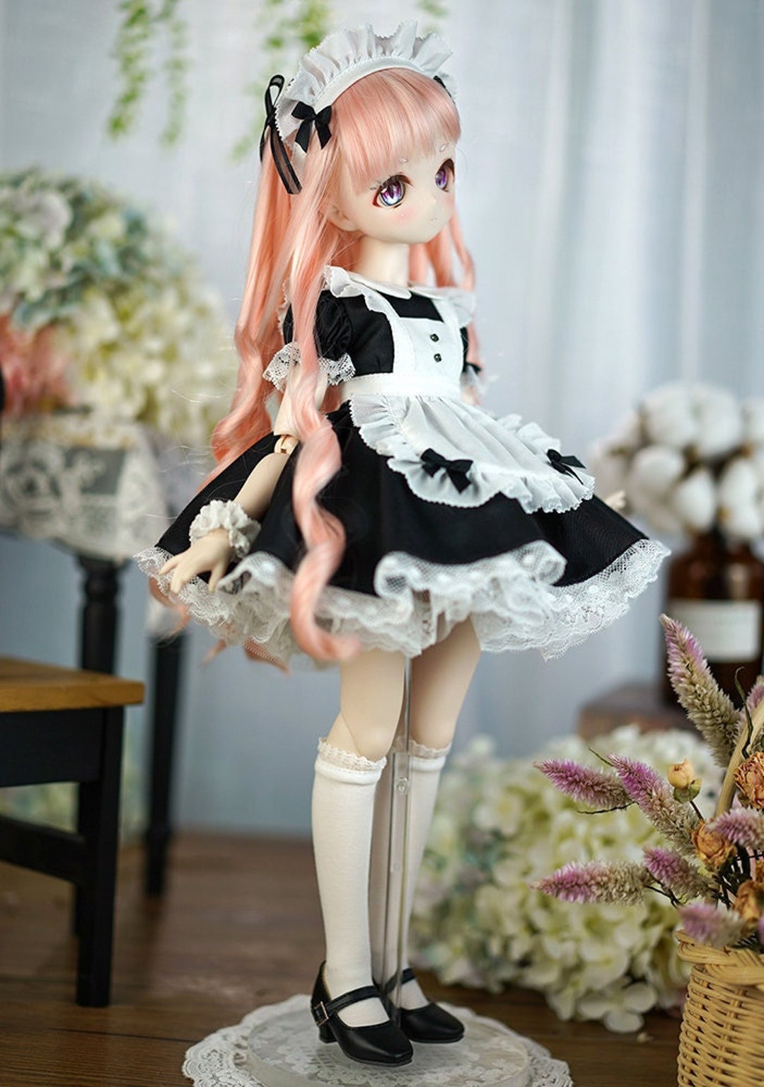 BJD Clothes MSD Mdd Maid Dress Apron Headdress Socks Bustle Set for 1/4 ...