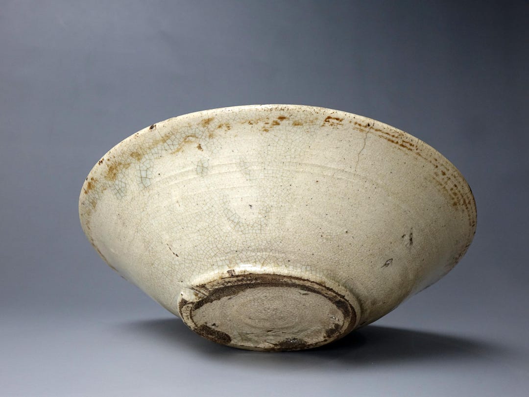 17-18cc Korean Ido Waki Flat Chawan With Silk Pouch and Old Wooden Box ...