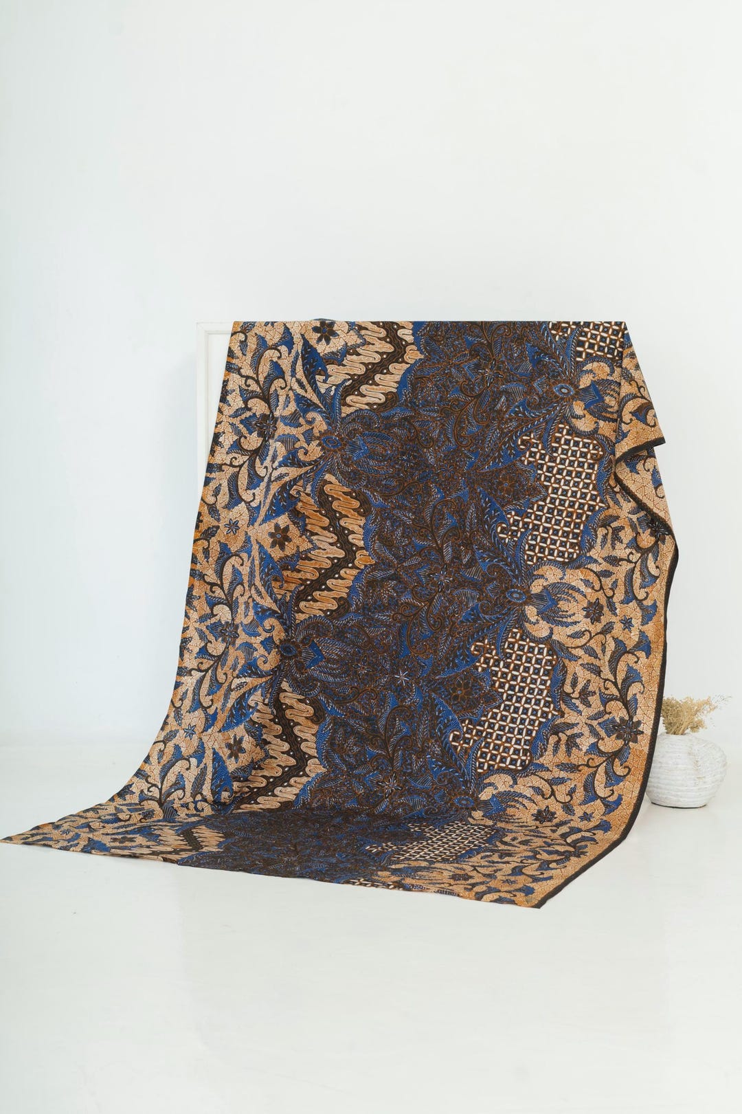 Batik Tulis Fabric: Blue Brown Script, Indonesian Cotton Sarong, Hand Drawn Pekalongan Batik - Etsy