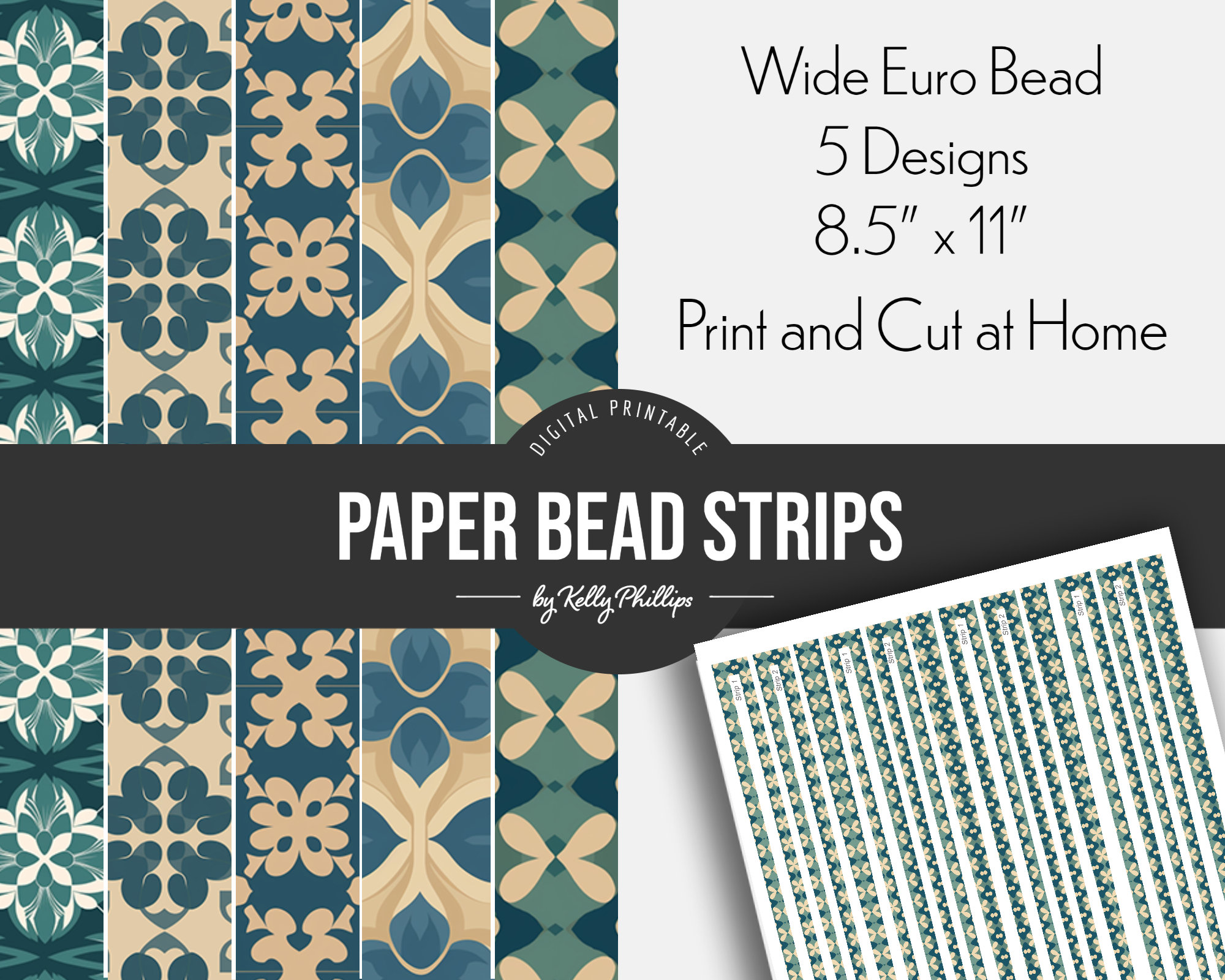 Cyan Cloverleaf Patterns Printable Digital Paper Strips Wide Euro Bead ...