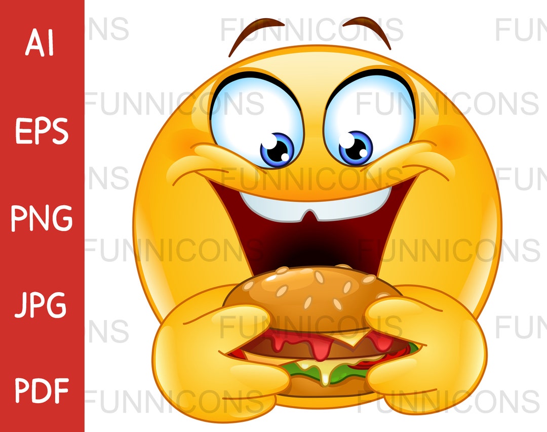 Clipart Cartoon of a Hungry Emoticon Eating a Vegan Burger, Food ...