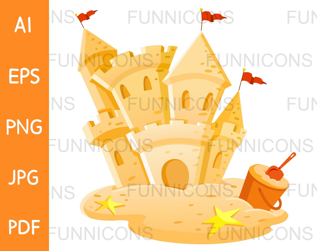 Clipart Cartoon of Sand Castle With Stars a Pail and Red Flags, Summer ...