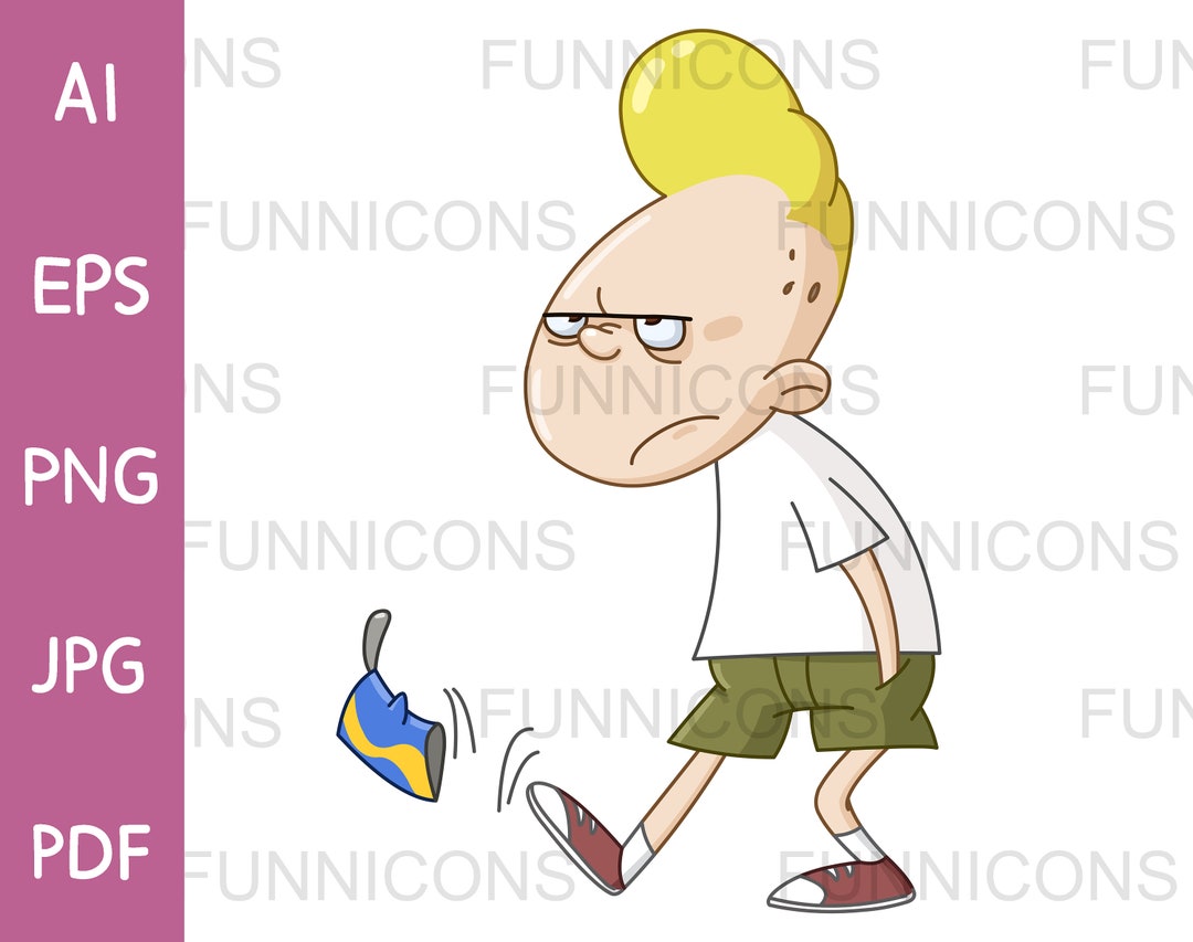 Clipart Cartoon of a Sullen Teenage Boy Walking and Kicking a Can, Ai ...