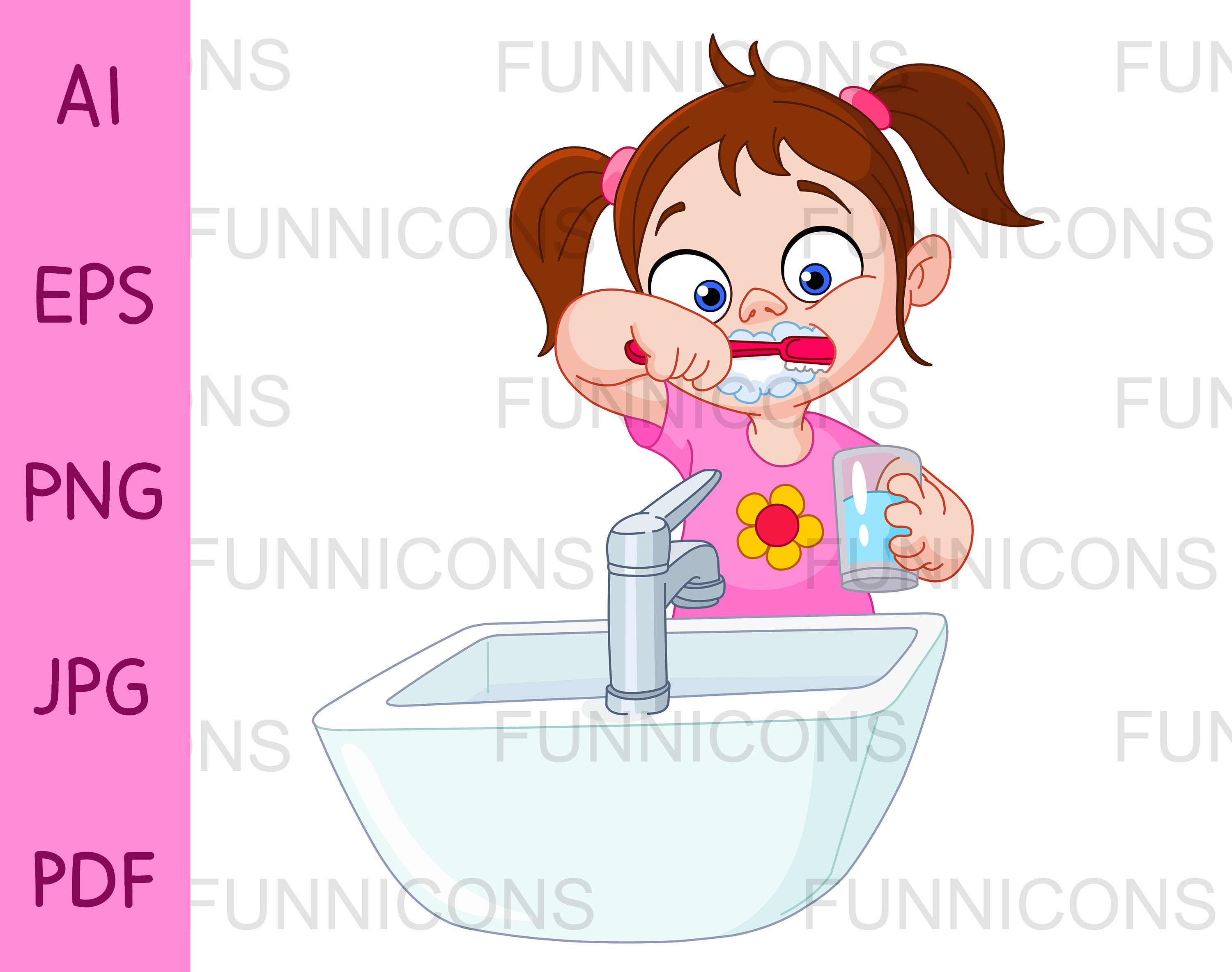 Clipart Cartoon Of A Young Girl Brushing Her Teeth Over A Etsy