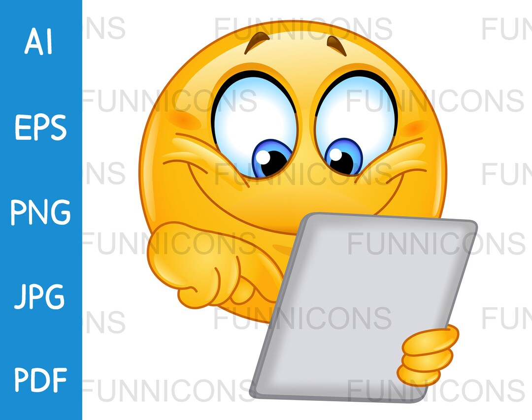 Clipart Cartoon of a Happy Emoticon Using a Tablet Pc Computer, Ai Eps ...