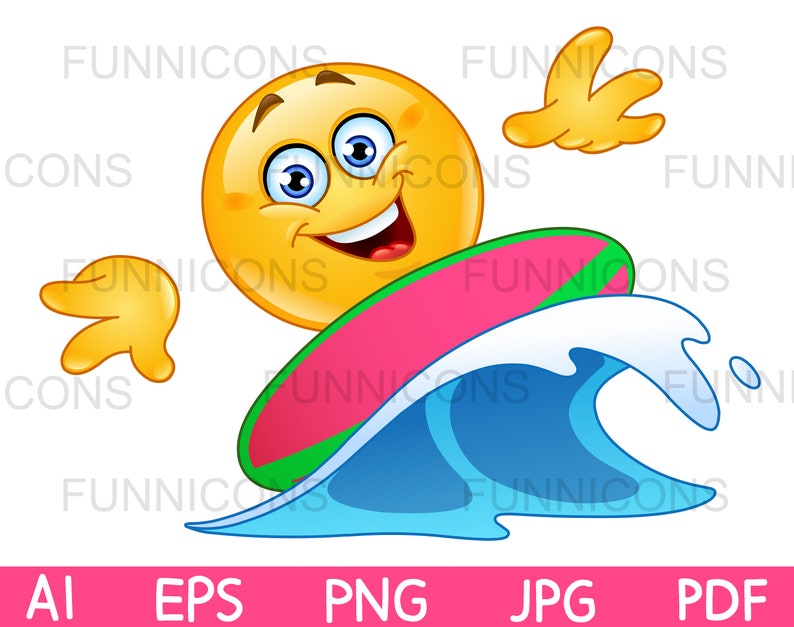 Clipart Cartoon of a Happy Emoticon Surfer Surfing Riding a Wave, Ai ...