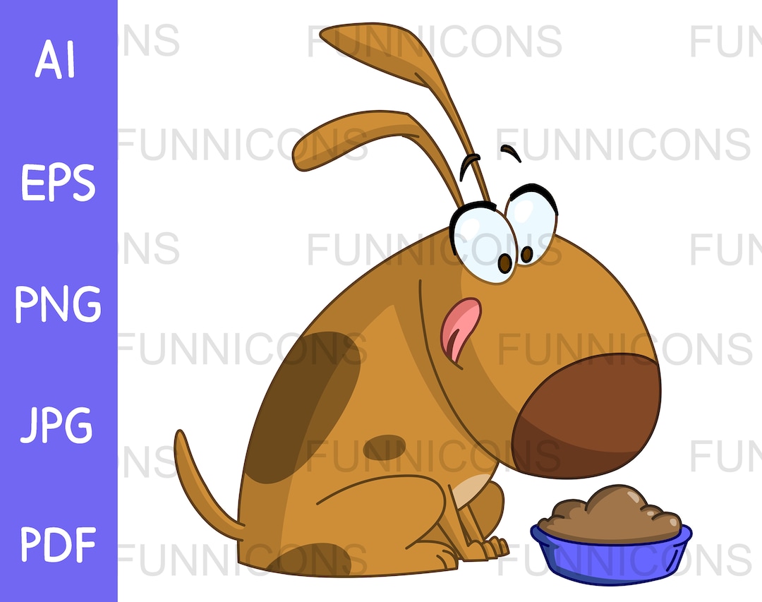 Clipart Cartoon of a Happy Hungry Dog Licking His Chops Over a Bowl of ...