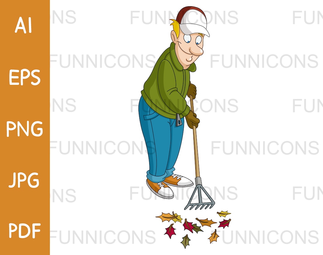 Autumn Clipart Cartoon of a Smiling Man Raking Fall Leaves, Ai Eps Png ...