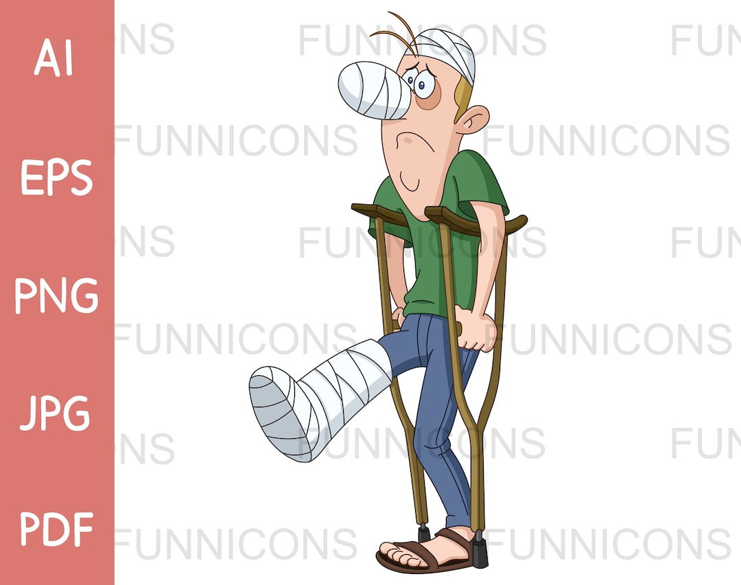 Clipart Cartoon of an Injured Man in Bandages and Cast Walking With ...