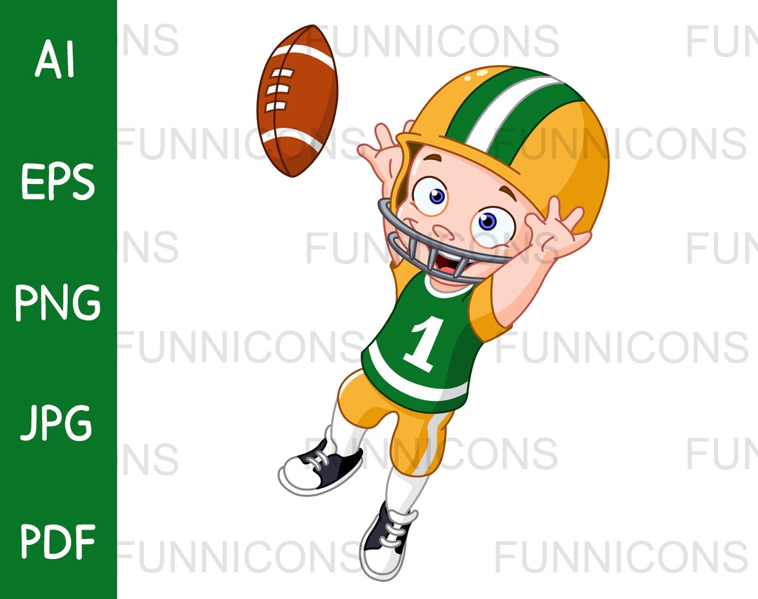 Clipart Cartoon of a Happy Boy Kid Jumping to Catch American Football ...