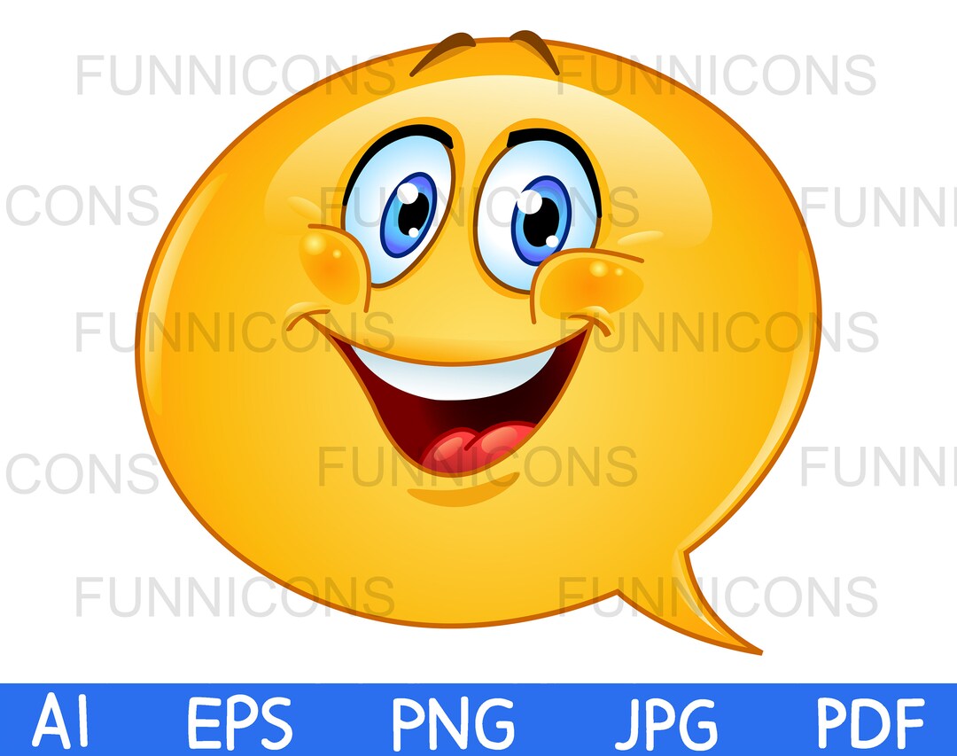 Clipart Cartoon of a Happy Chat Comic Speech Bubble Emoticon Face, Ai ...