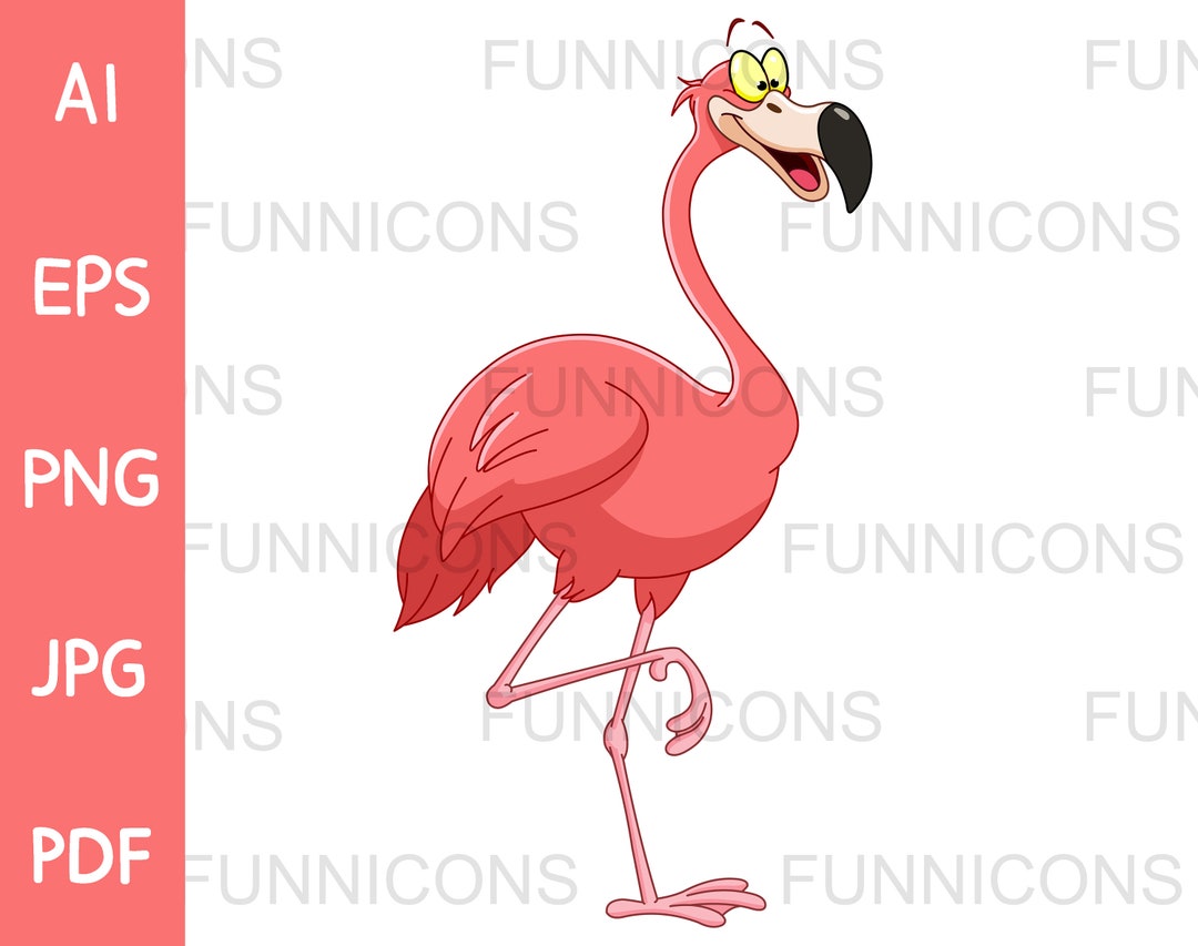 Clipart Cartoon of a Happy Pink Flamingo, Bird Illustration, Ai Eps Png ...