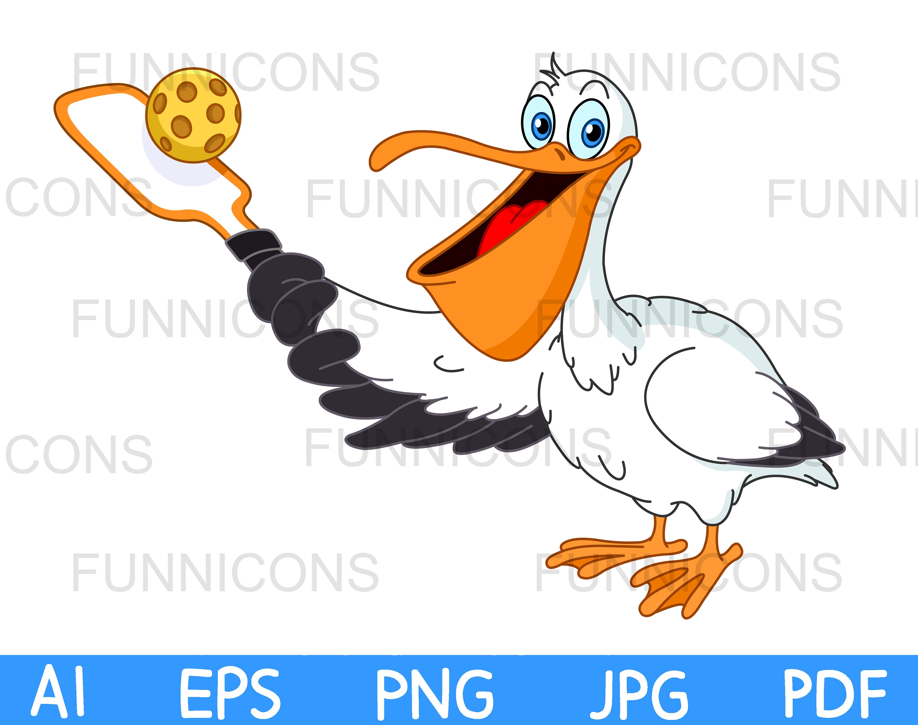 Clipart caricatura deportiva de un pelícano feliz con pelota de pádel ...