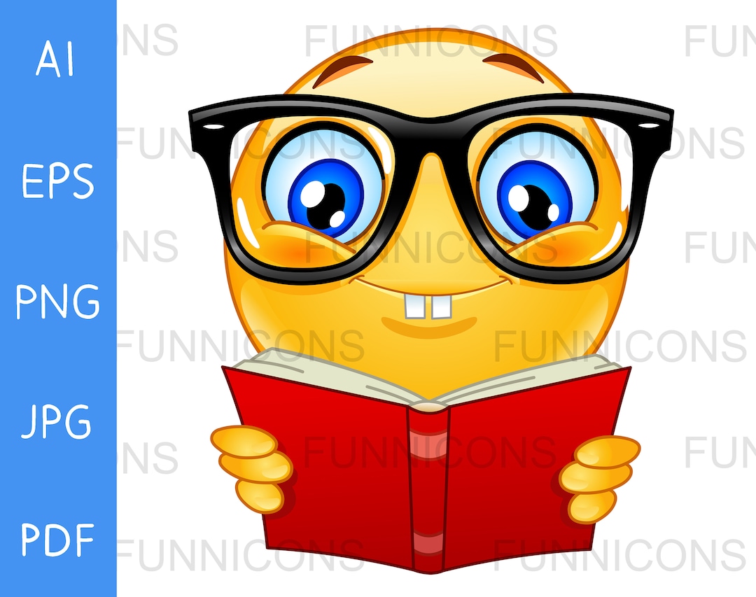 Clipart Cartoon of a Nerd Emoticon With Eyeglasses and Reading a Book ...