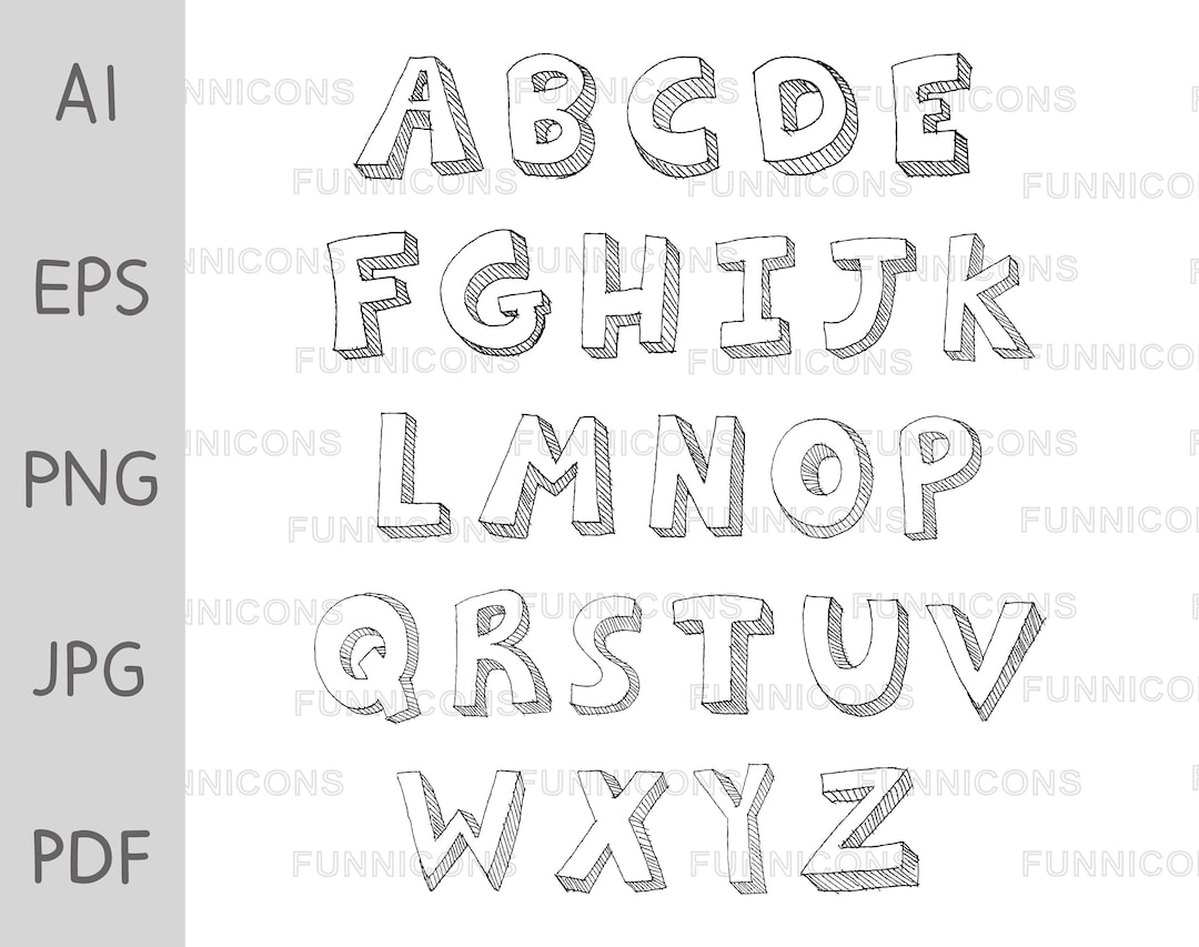 Hand Drawn Alphabet Letters 3d Style, Vector Doodle Bundle Set, Ai Eps ...