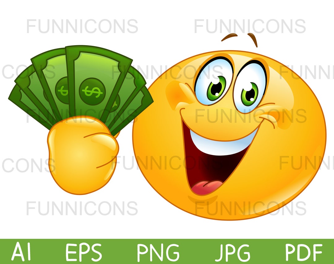 Clipart Cartoon of a Happy Emoticon Holding Dollar Bills, Cash Money ...
