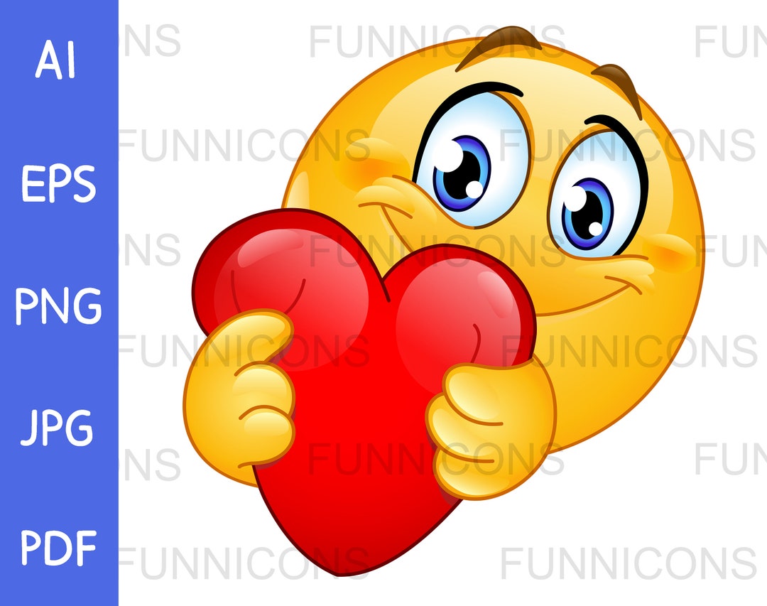 Clipart Cartoon of a Happy Emoticon Hugging a Red Heart, Ai Eps Png Jpg ...