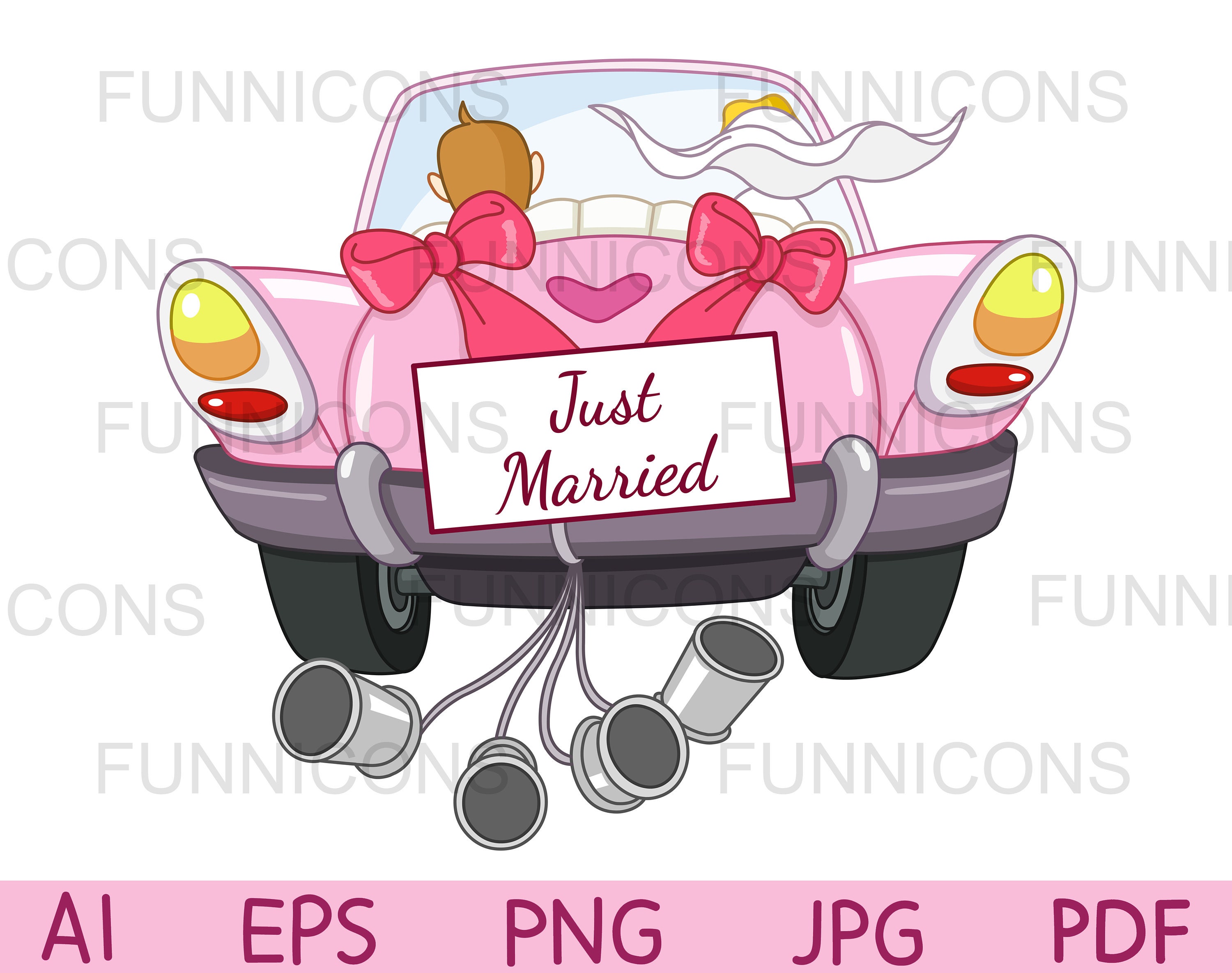 Clipart Cartoon of Just Married Sign and Cans, Bride and Groom Car ...