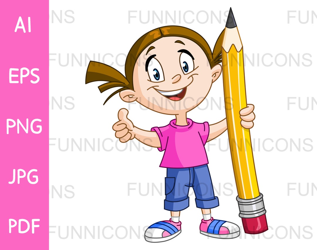 Clipart Cartoon of a Happy Back to School Girl Holding a Big Pencil ...
