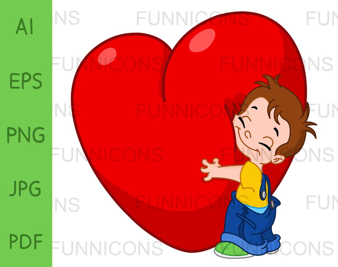 Valentine’s Day Clipart Cartoon of a Cute Boy Kid Hugging a Big Red ...