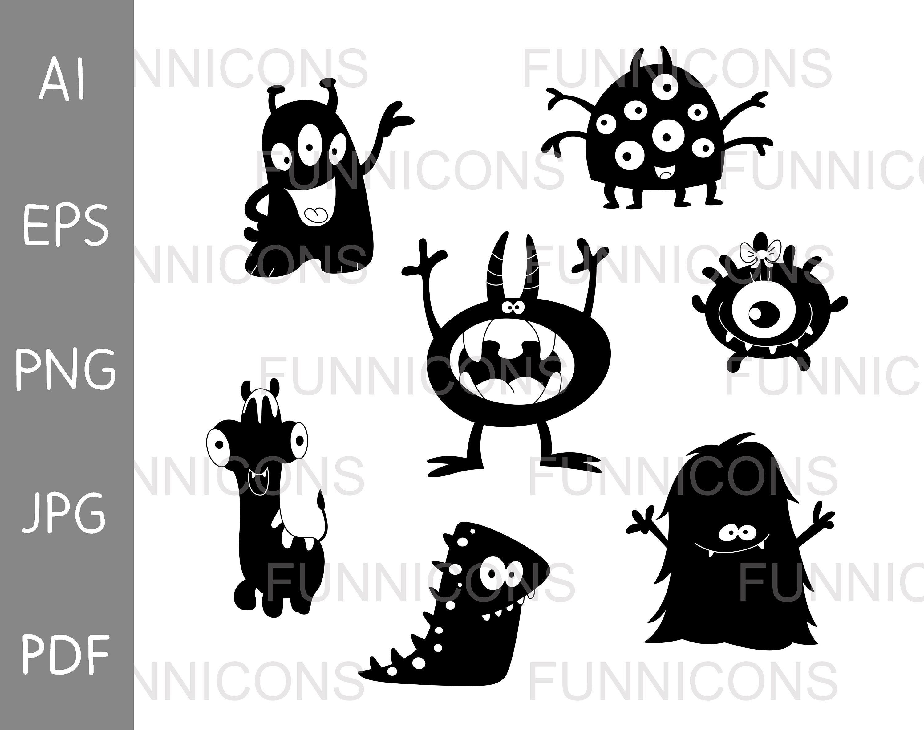 Clipart of Black and White Monsters Cartoon Bundle Vector | Etsy