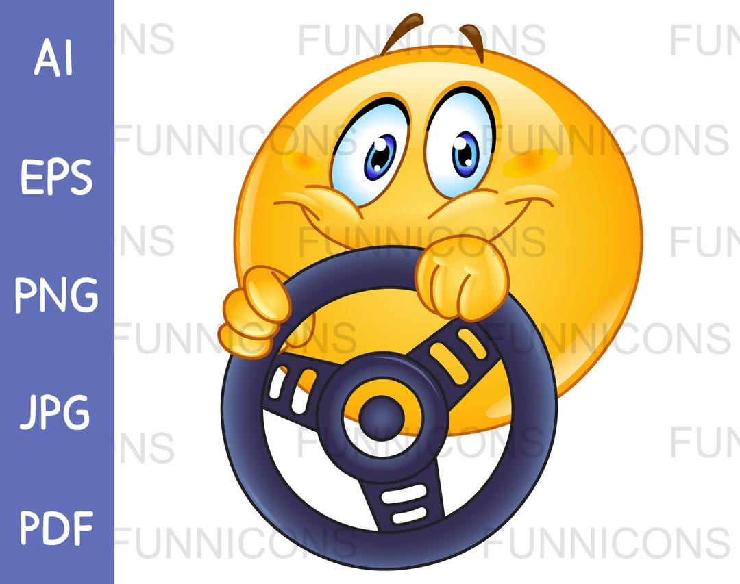 Clipart Cartoon of a Happy Emoticon Driving With a Steering Wheel, Ai ...