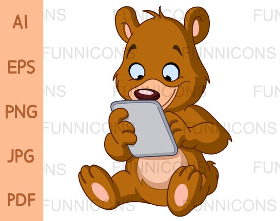 Clipart Cartoon of a Sitting Teddy Bear Using a Tablet Pc | Etsy